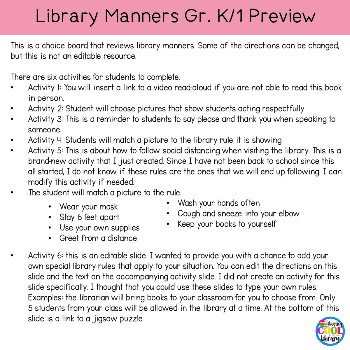 Library Manners Choice Board - Google Slides - Staying Cool in the Library