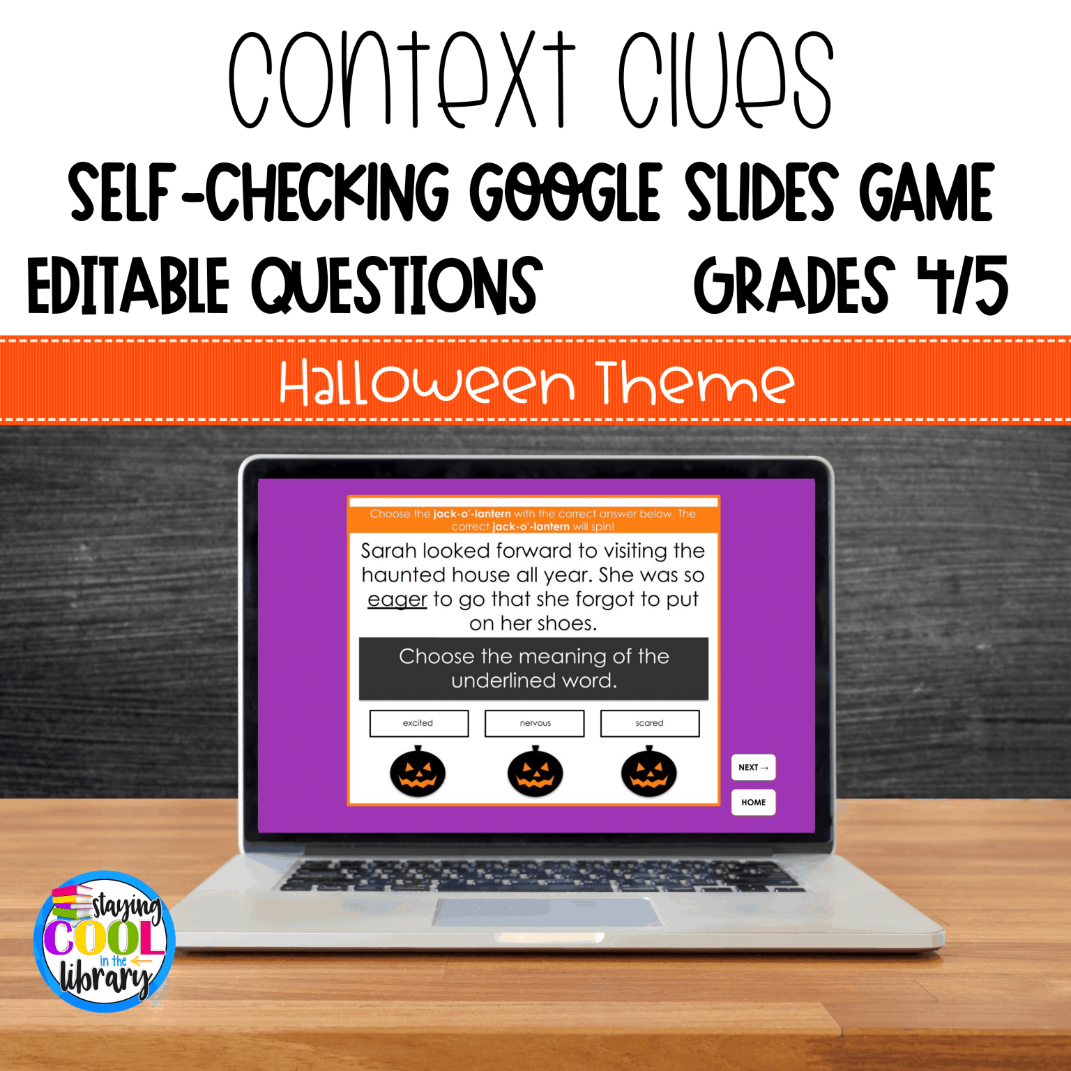 Halloween Context Clues Google Slides Game - Staying Cool in the Library