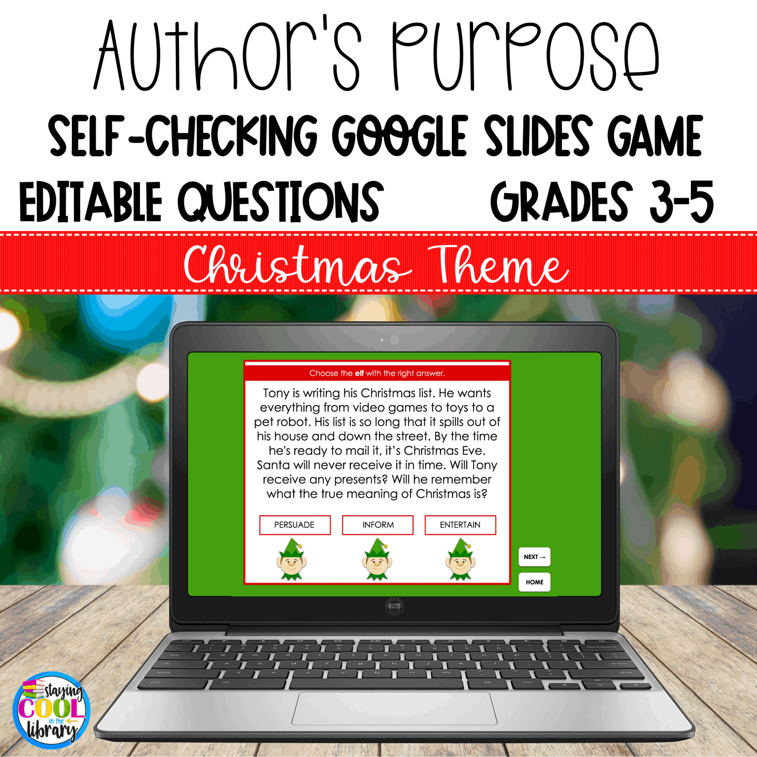 Christmas Author's Purpose Google Slides Game - Staying Cool in the Library