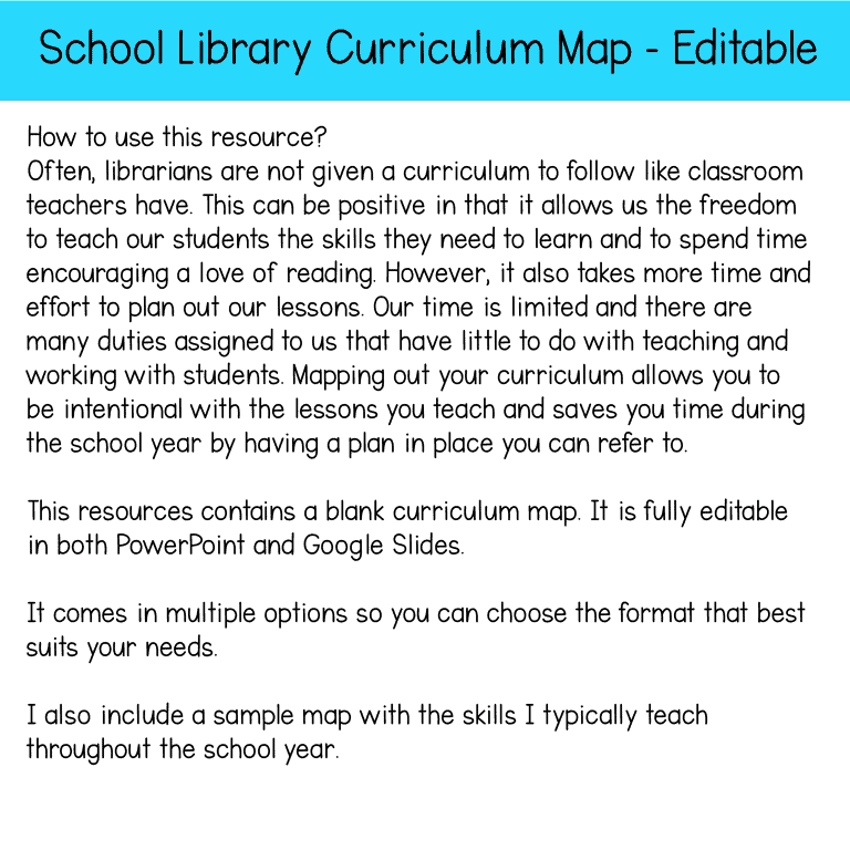 Elementary Library Curriculum Map Templates – Editable