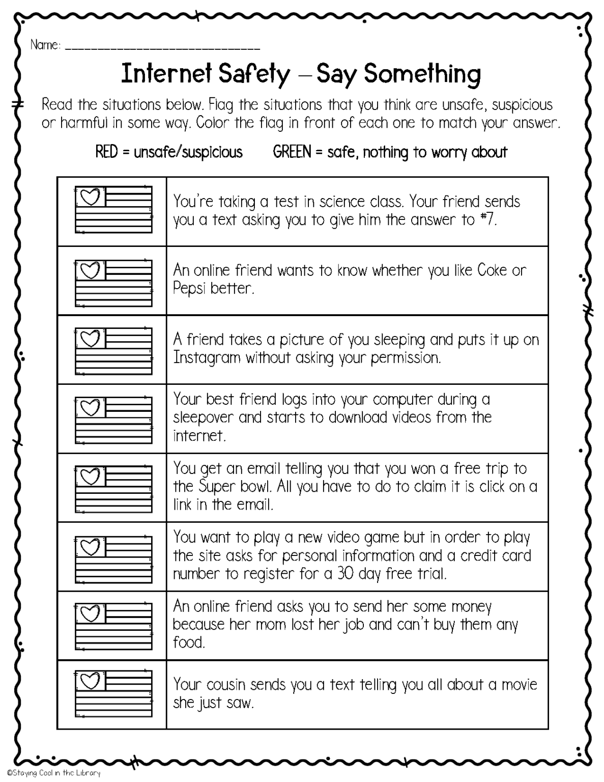 Internet Safety Worksheets and Task Cards - Staying Cool in the Library
