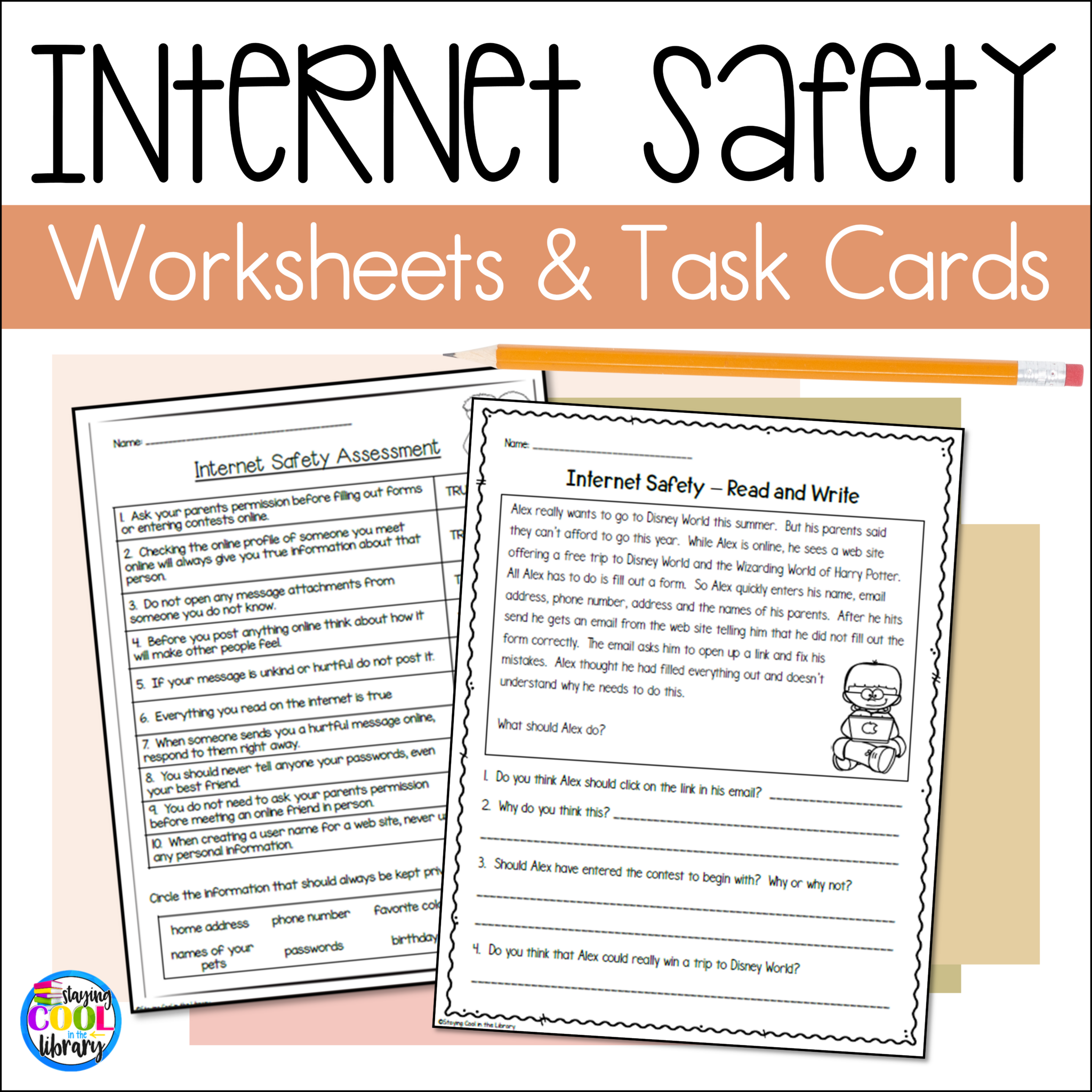 Internet Safety Worksheets and Task Cards - Staying Cool in the Library